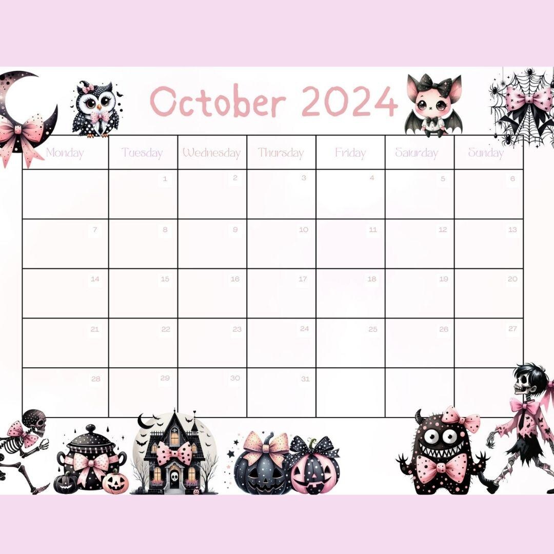 October 2024 Calendar Printable Halloween Planner Cute Pink Halloween ...