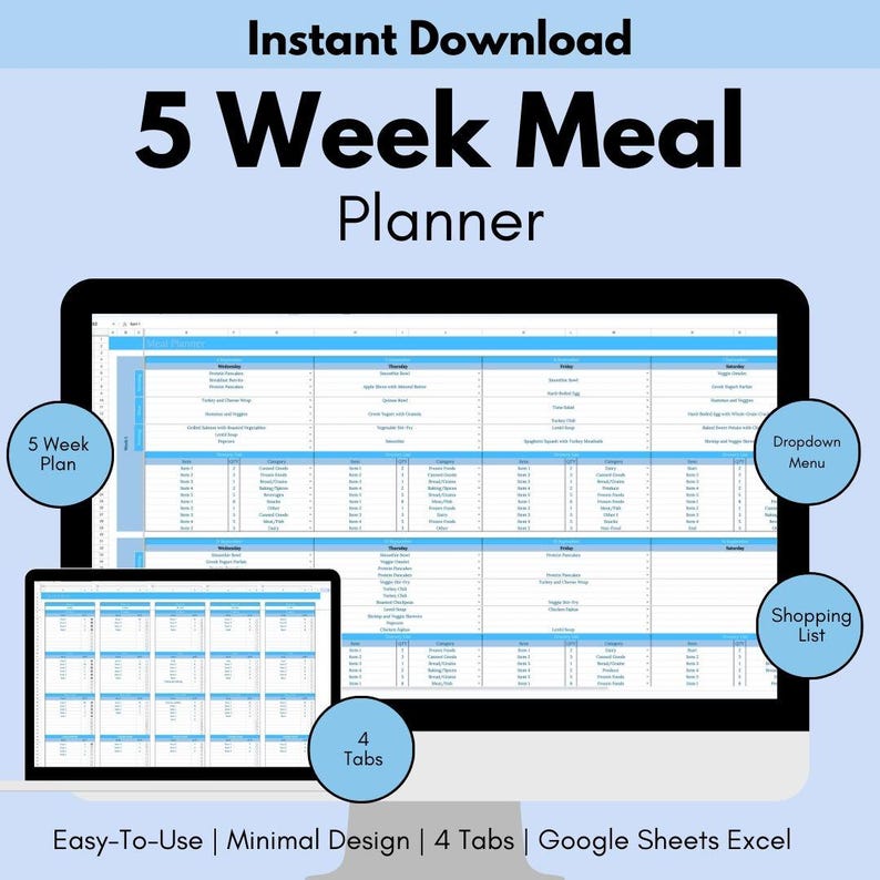 5-week Meal Planner Printable | Printable Weekly Meal Planning Sheet ...