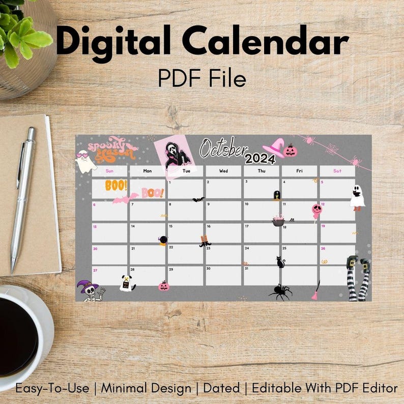 October 2024 Calendar Printable Halloween Planner Cute Pink Halloween ...