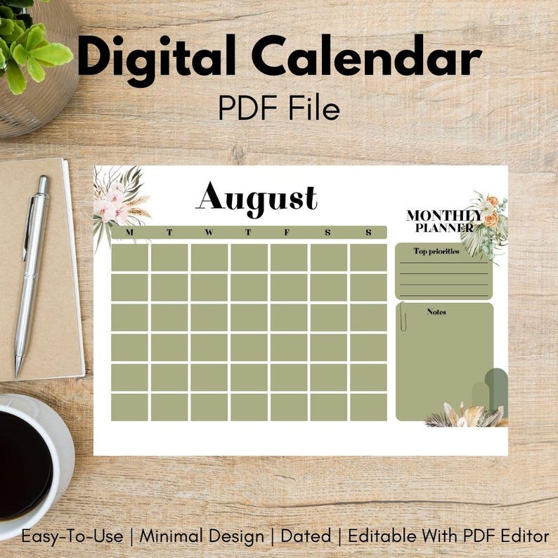 2024 Undated/dates August Monthly Calendar With Notes, Landscape ...