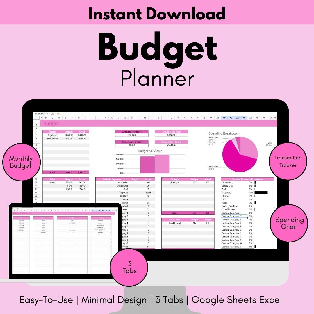Easy Pink Budget Planner for Google Sheet Monthly Budget Spreadsheet ...