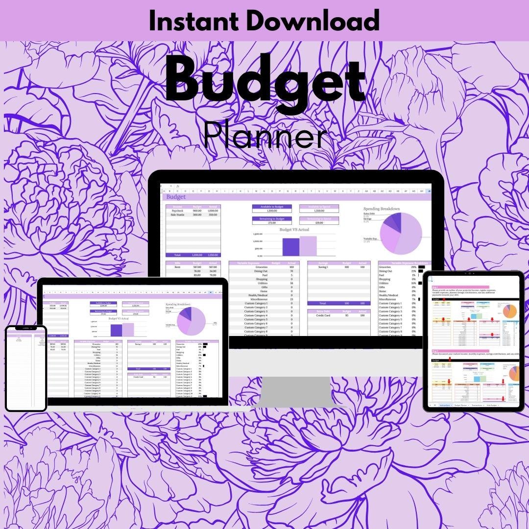 Purple Monthly Budget Planner, Google Sheets Spreadsheet (digital ...