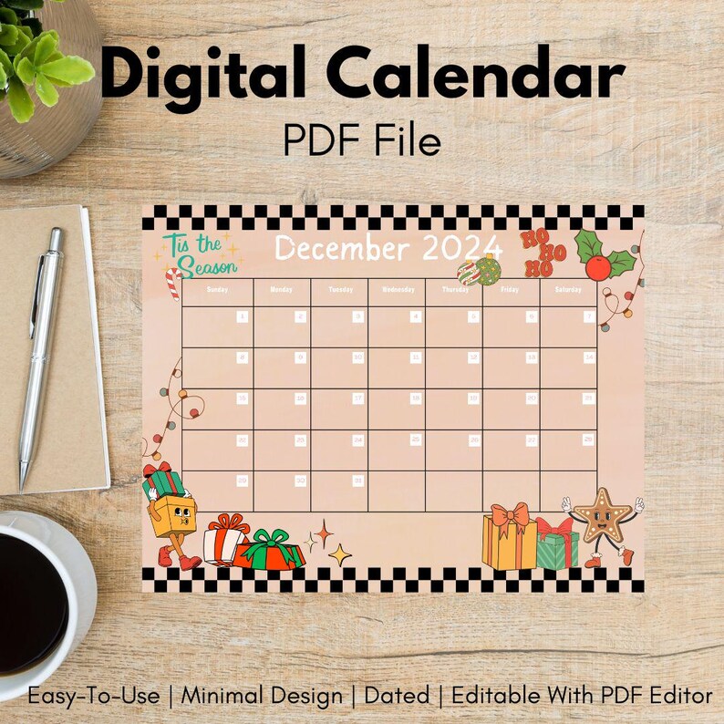 Retro December 2024 Calendar Printable Winter Planner Christmas Month ...