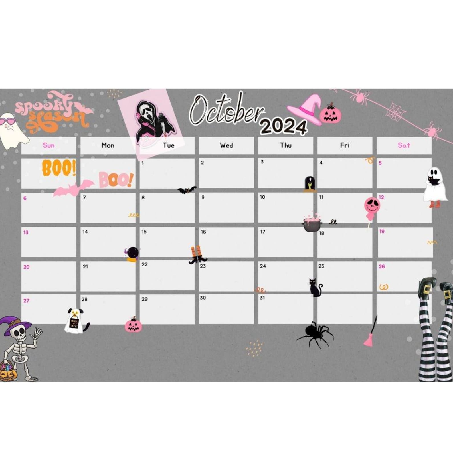 October 2024 Calendar Printable Halloween Planner Cute Pink Halloween ...