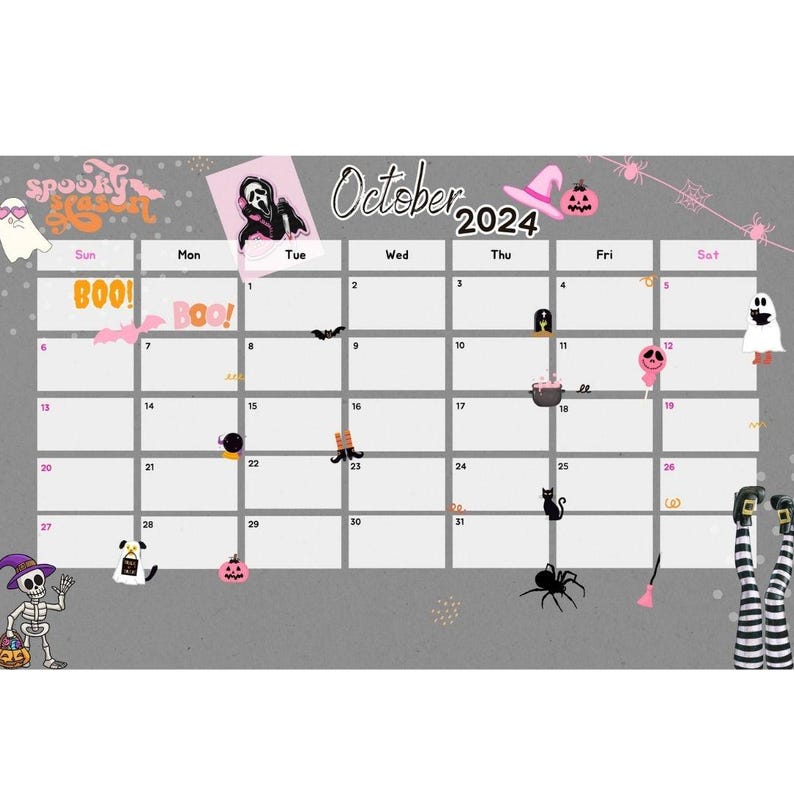October 2024 Calendar Printable Halloween Planner Cute Pink Halloween ...