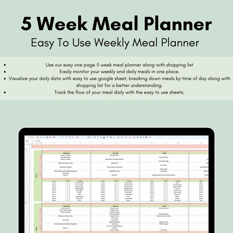 5-week Meal Planner Printable | Google Sheets Meal Organizer (digital ...