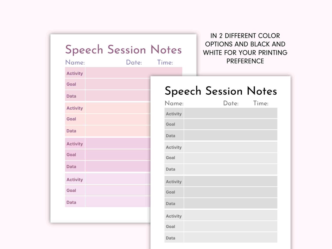 Printable Speech Therapy Notes | Daily Session Agenda Activity, Goals ...