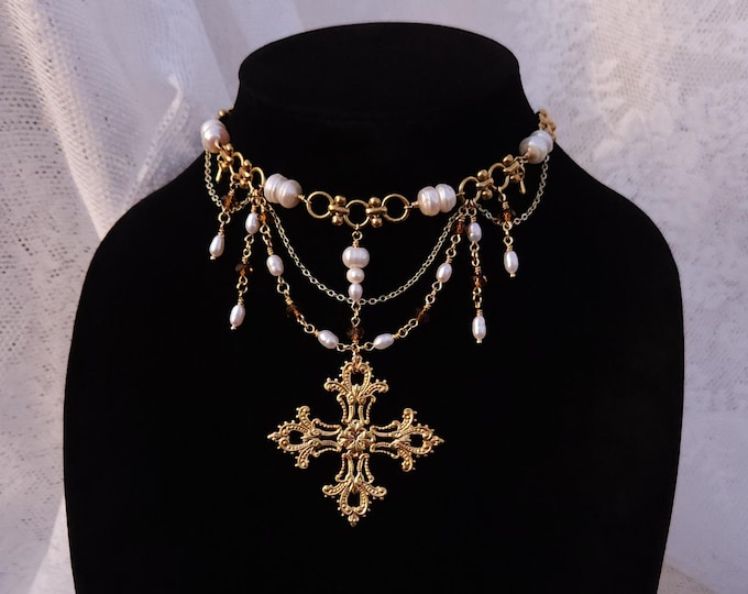 Gold Renaissance Cross Necklace With Brass Filigree Pendant, Pearls ...