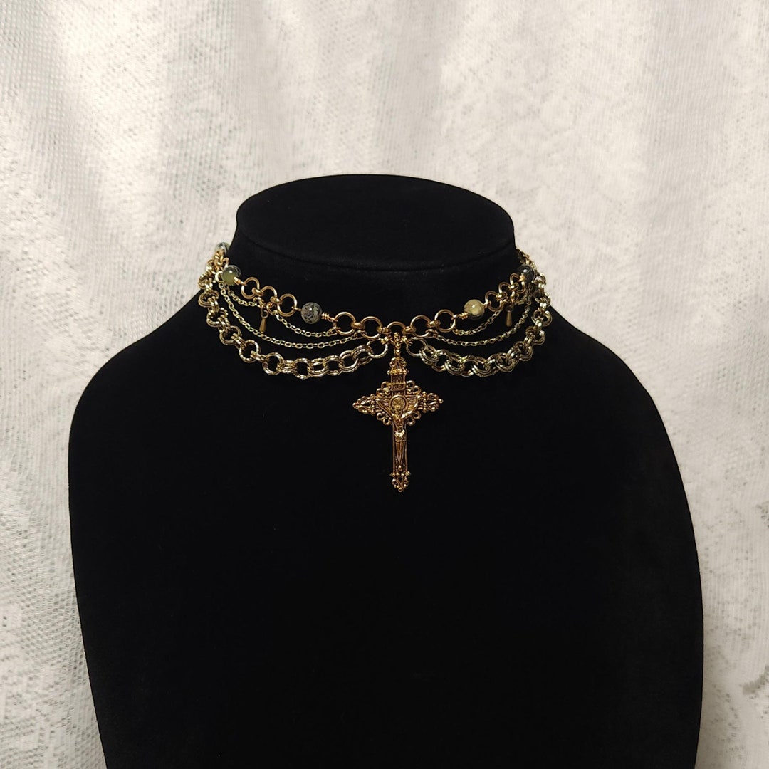 Gold Renaissance Cross Necklace With Brass Pendant, Green Opal ...