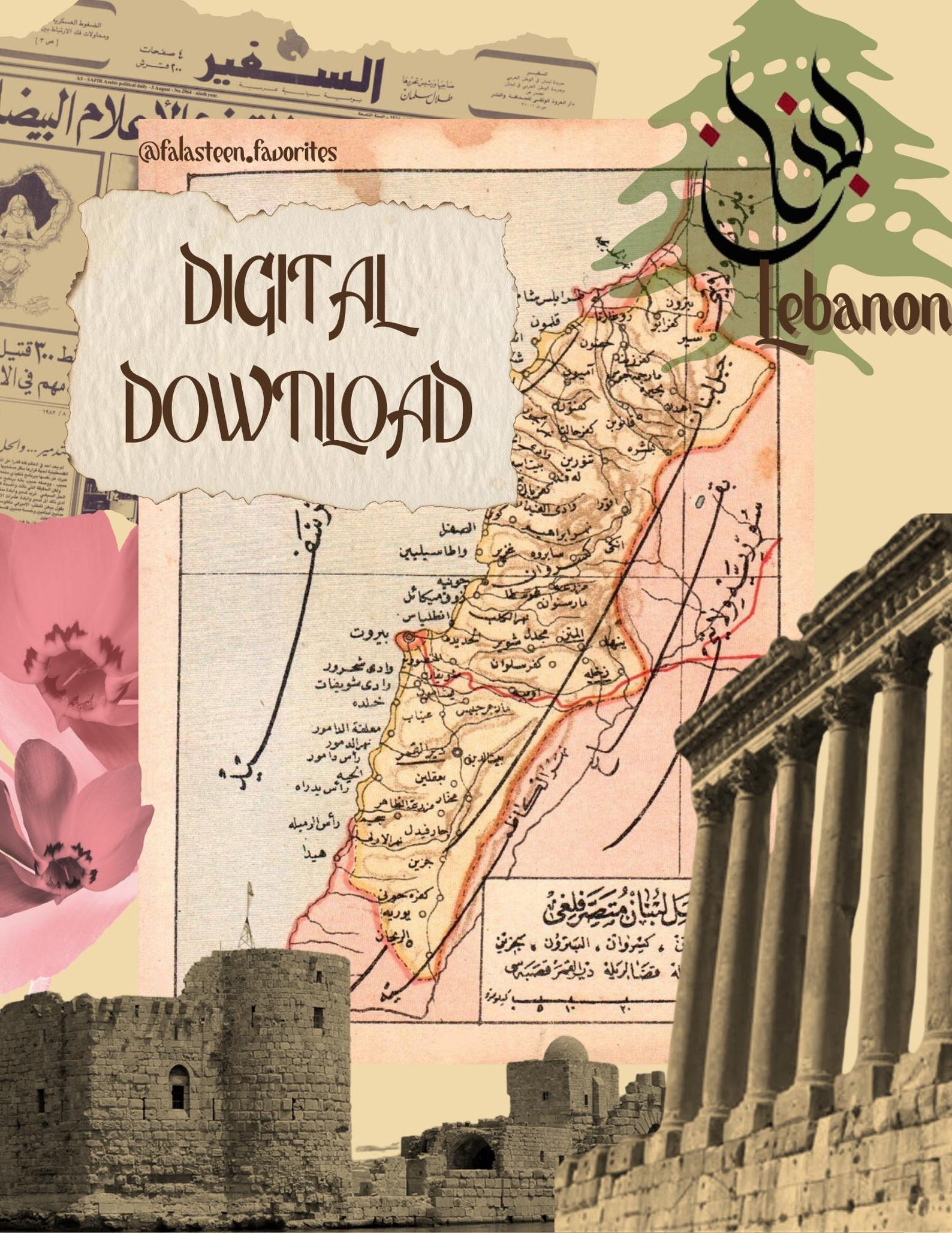 Lebanon Print - Vintage Map Collage - DIGITAL DOWNLOAD - 100% of ...