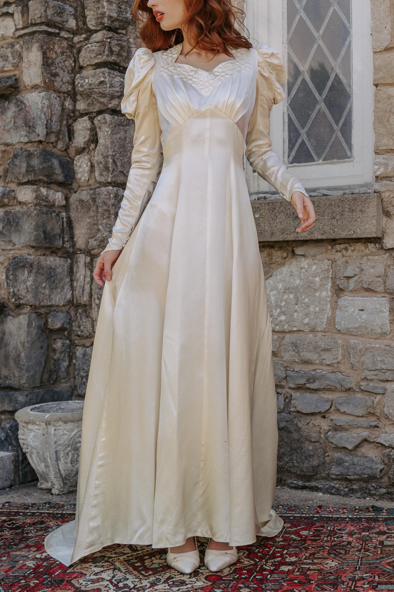 40s Ivory Liquid Satin Gown With Flower Bodice and Puff Sleeve - Etsy