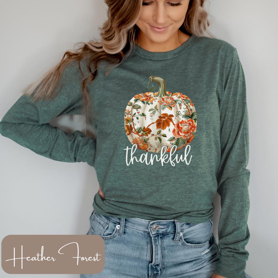 Thankful Long Sleeve Tee, Fall Floral Pumpkin Shirt, Autumn Cottagecore ...
