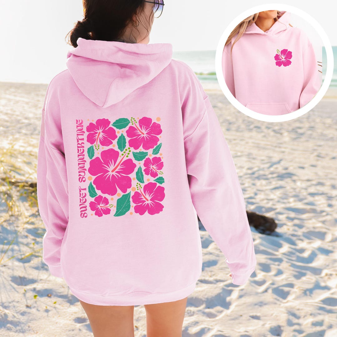 Beach Hoodie, Pink Hibiscus Flower Hoodie, Ocean Beach Sweater, Summer ...