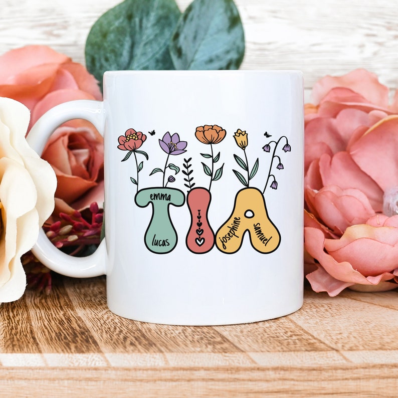 Personalized Tia Mug, Tia Mug With Kids Names, Floral Tia Mug, Mother's ...