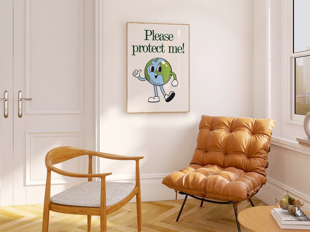 Retro Earth Poster, Please Protect Me Print, Retro 70s Wall Art, Cute ...