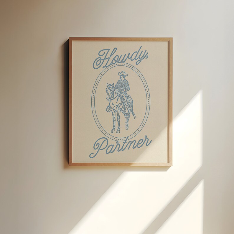 Howdy Partner Print Blue, Minimalist Western Wall Art Poster, Vintage ...