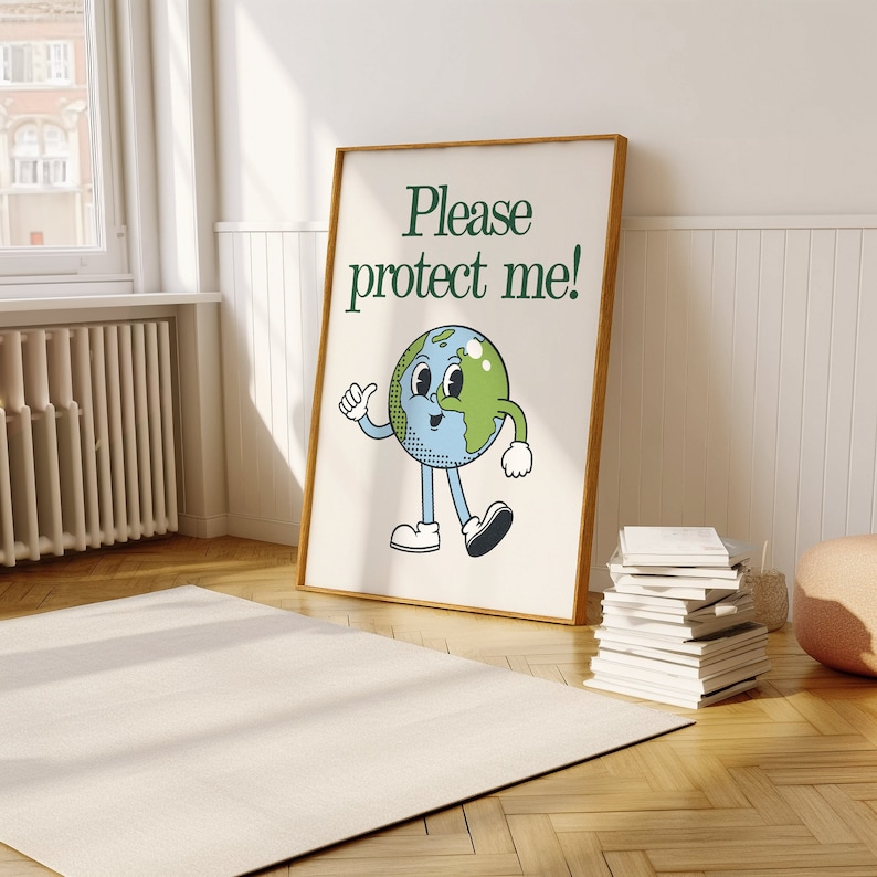 Retro Earth Poster, Please Protect Me Print, Retro 70s Wall Art, Cute ...