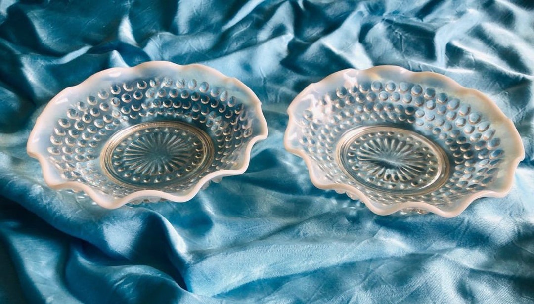 PAIR of Vintage Fenton Hobnail Moonstone Opalescent 6 Shallow Bowl With ...