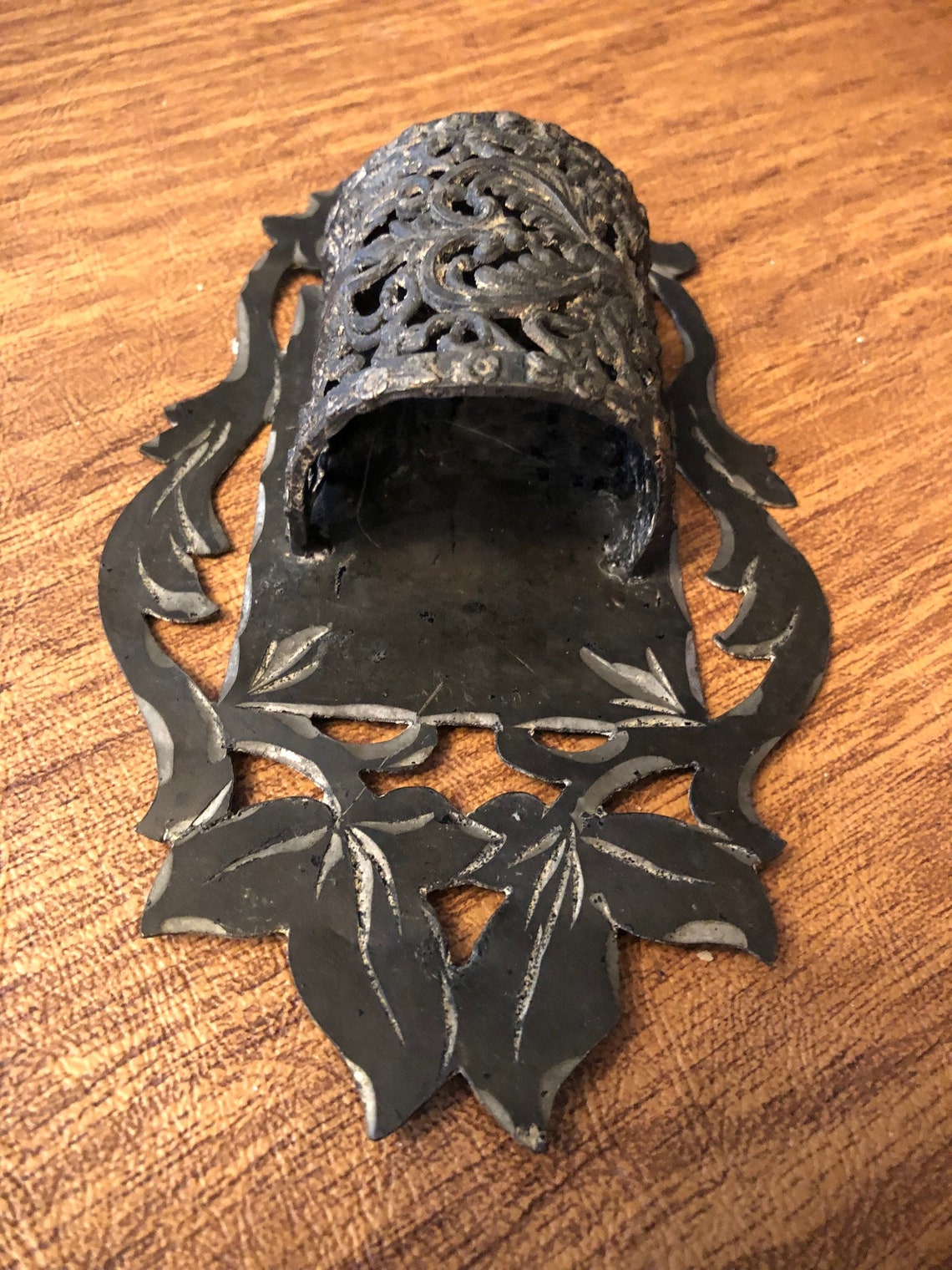 Antique /primitive Etched Metal wall Mount Match Safe /holder With ...