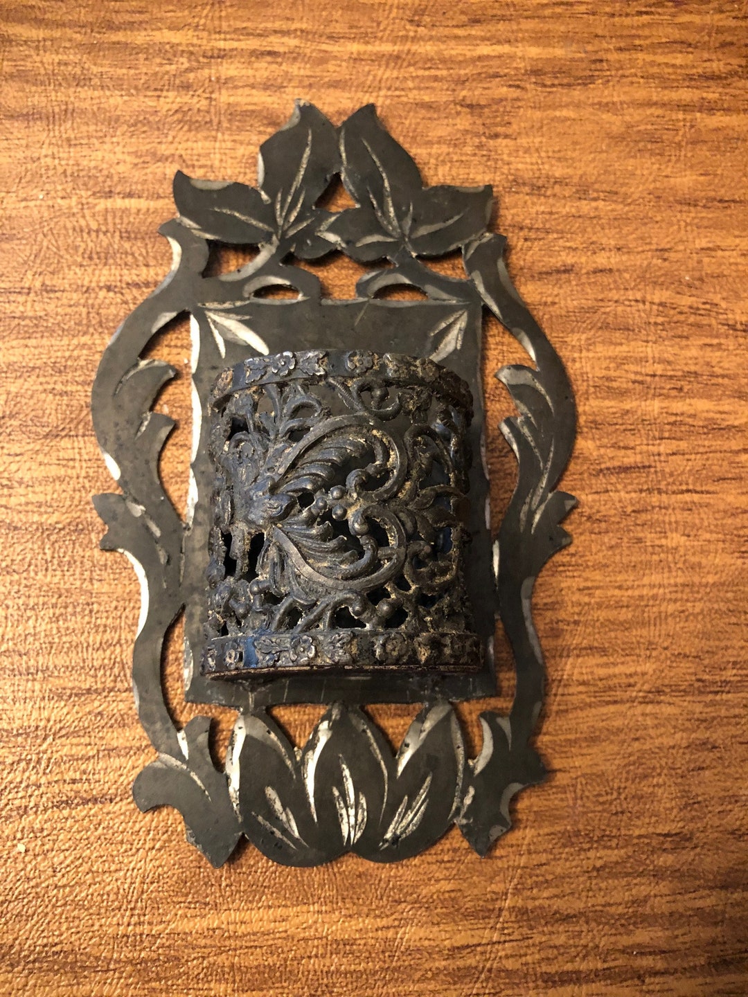 Antique /primitive Etched Metal wall Mount Match Safe /holder With ...