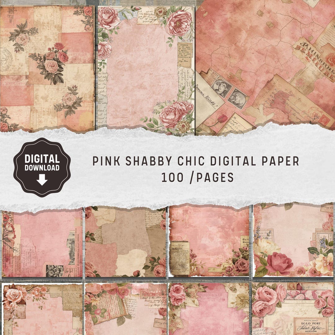 Pink Shabby Chic Digital Paper, Junk Journal Kit, Rose Digital Papers ...