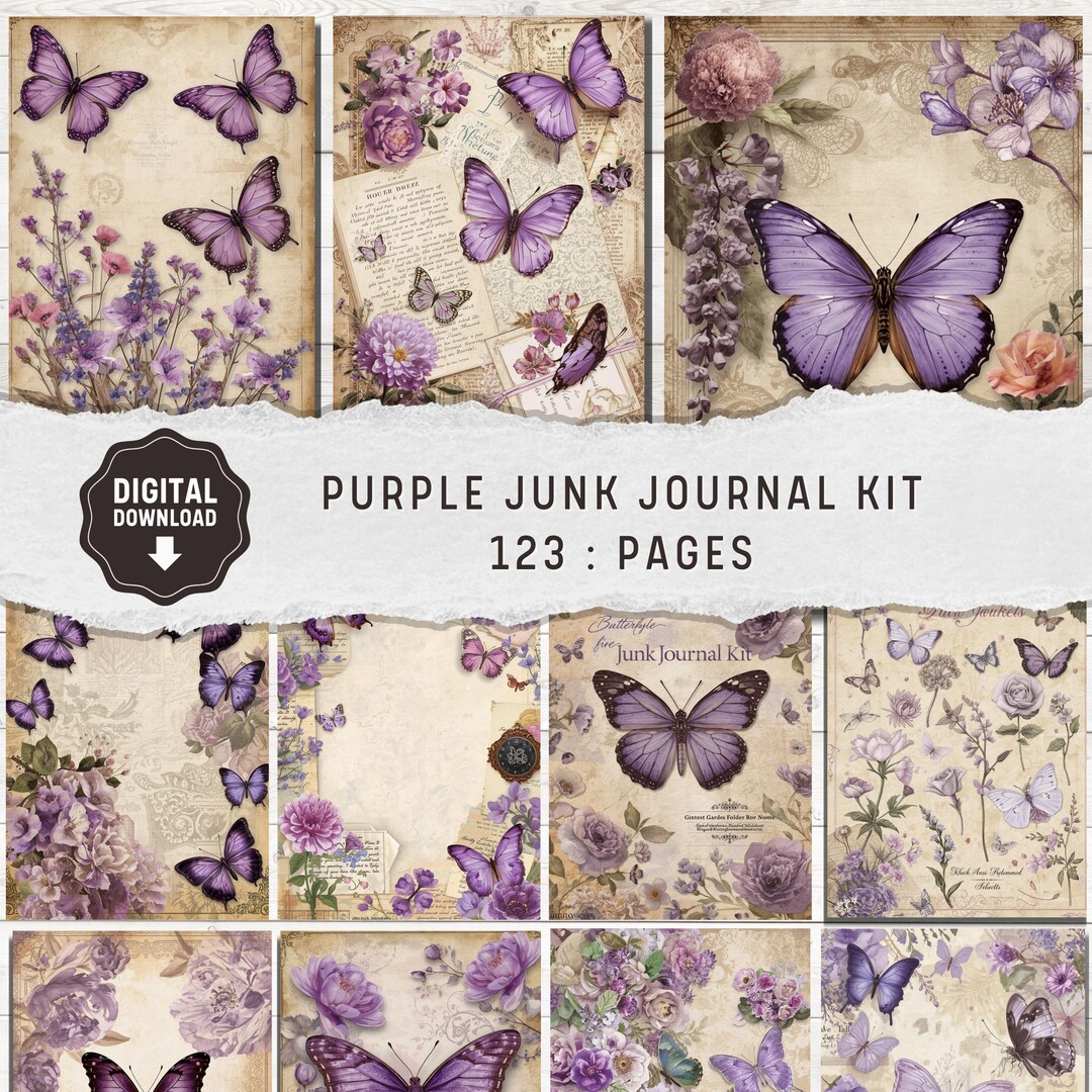 Purple Junk Journal Folio, Butterfly Printables for Journals, Victorian ...