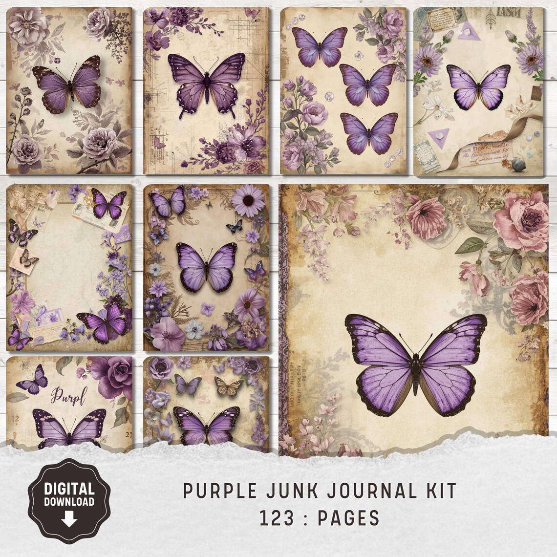 Purple Junk Journal Folio, Butterfly Printables for Journals, Victorian ...