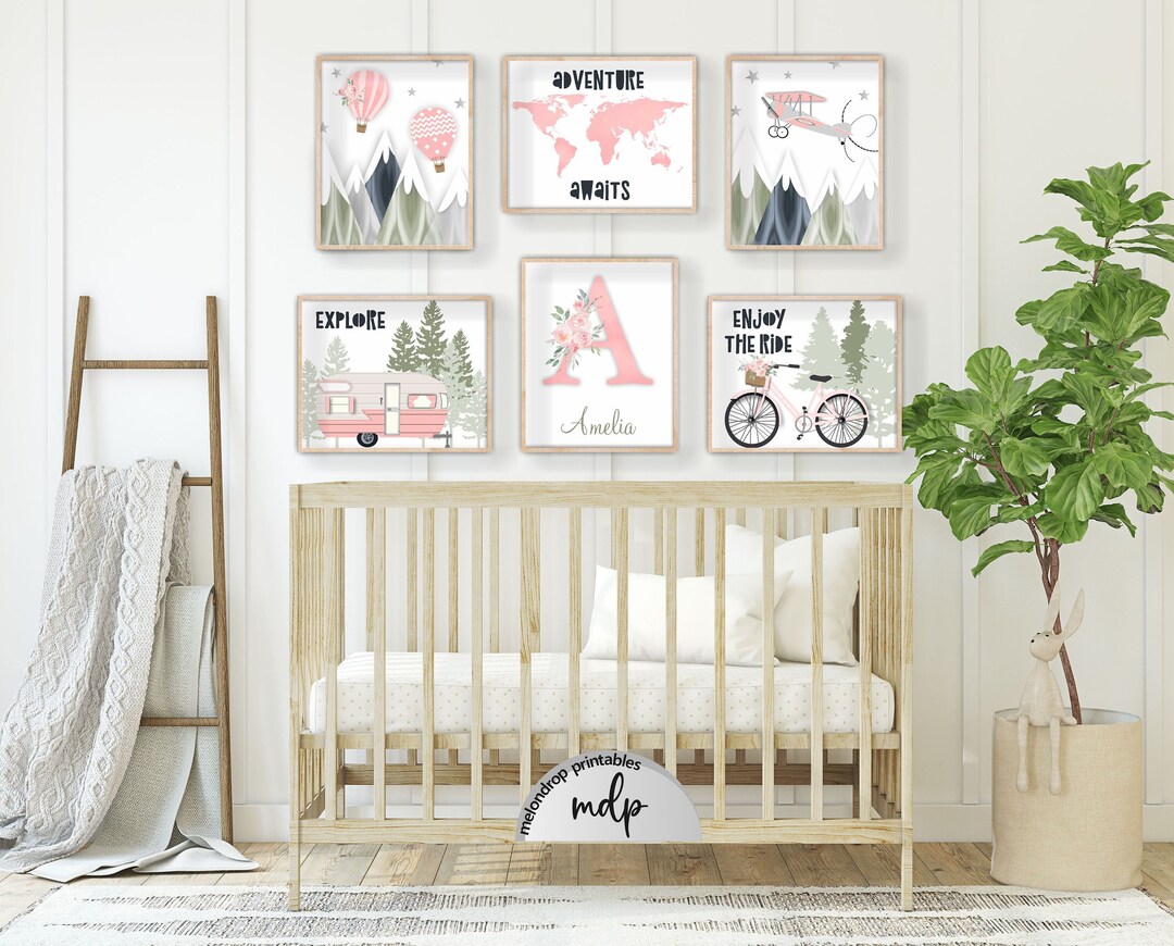 Adventure Nursery Art Baby Girl Travel Theme Nursery Decor Blush Navy ...
