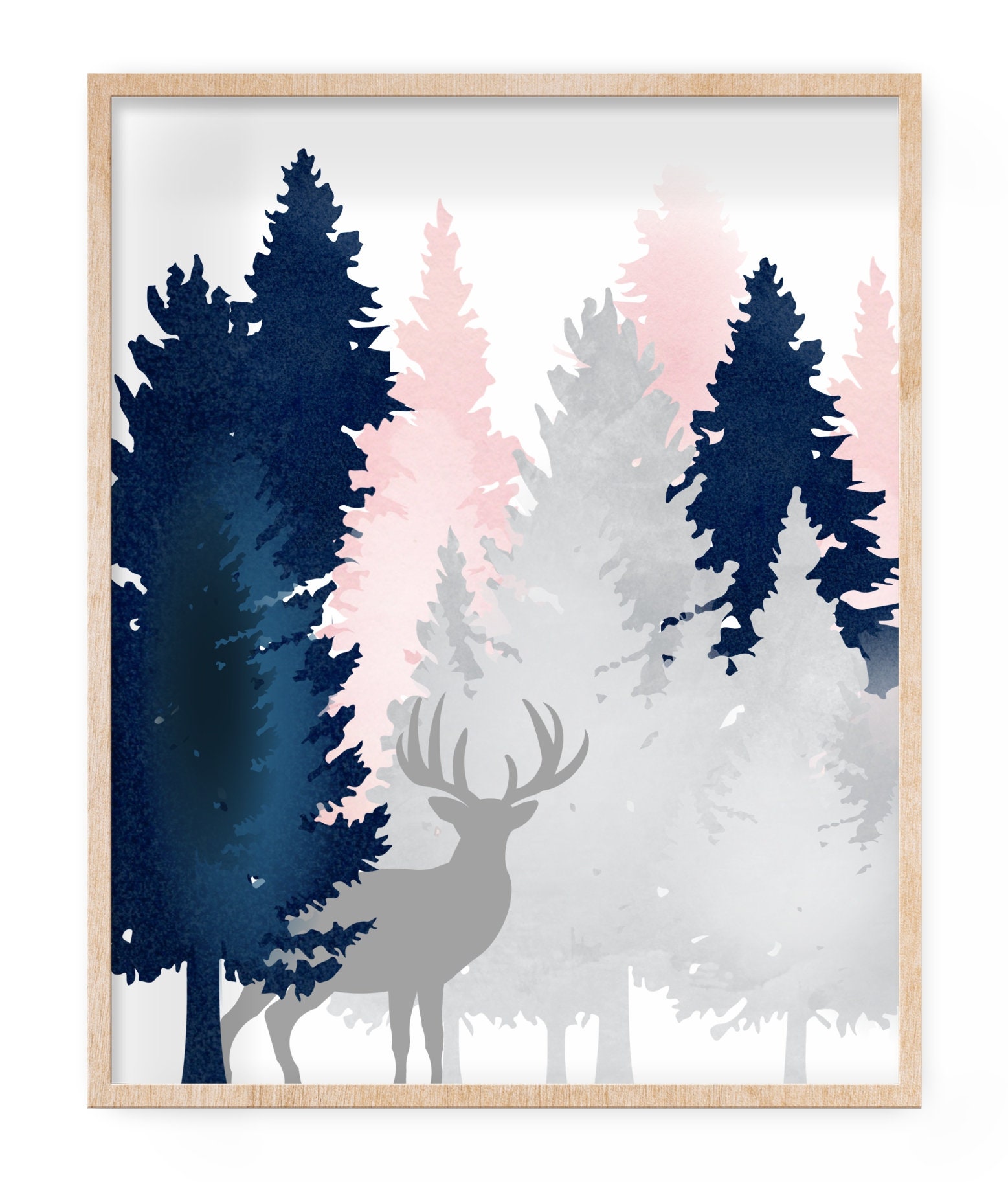Woodland Nursery Decor Girl Room Pink Navy Nursery Wall Art Deer Bear ...