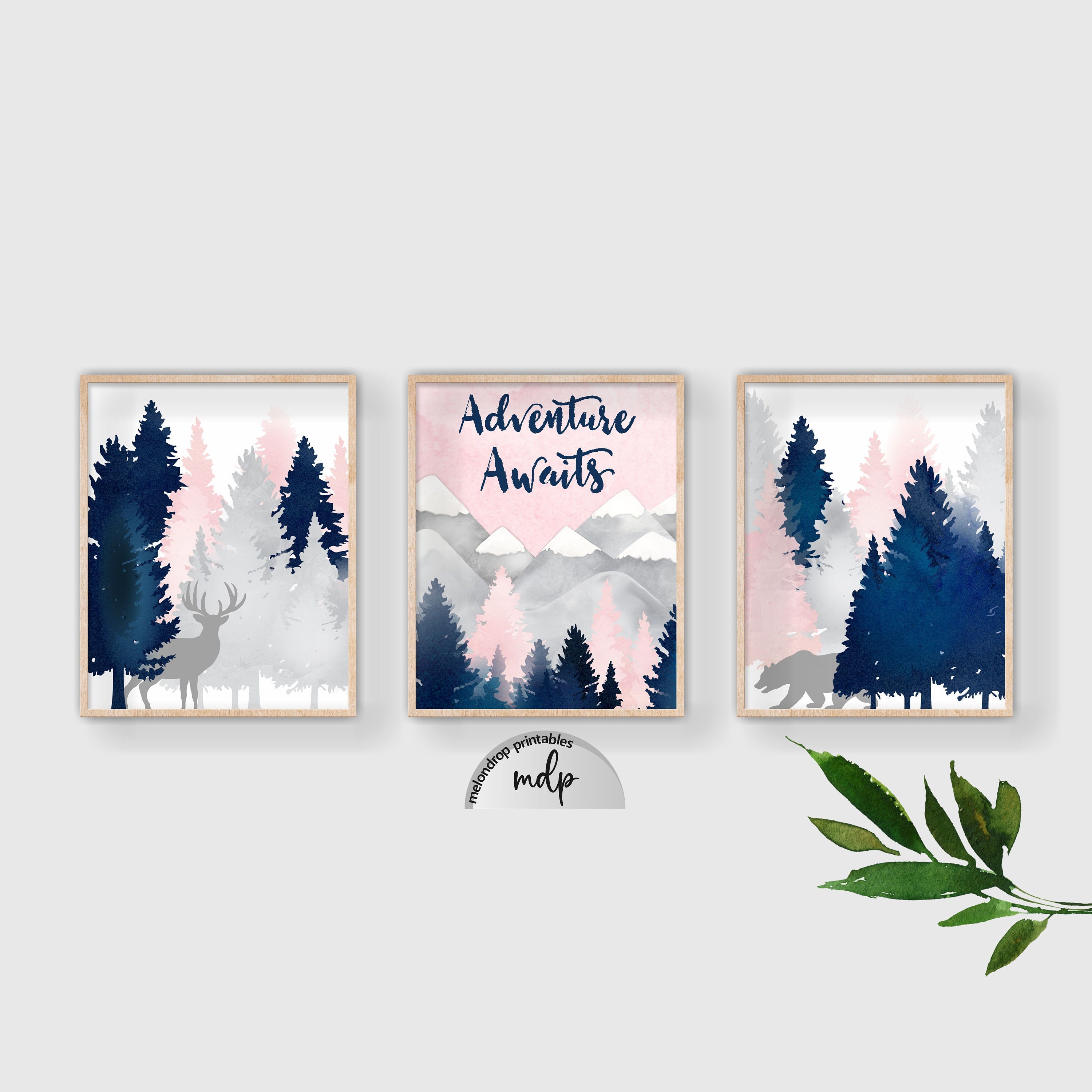 Woodland Nursery Decor Girl Room Pink Navy Nursery Wall Art Deer Bear ...
