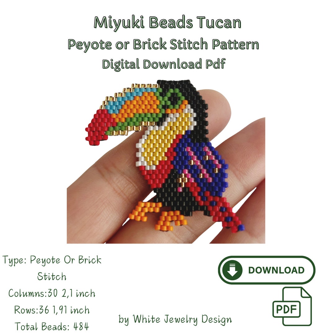 Miyuki Bead Pattern, Brick and Peyote Stitch Pattern, Seed Bead Toucan Pattern, Digital Download ...