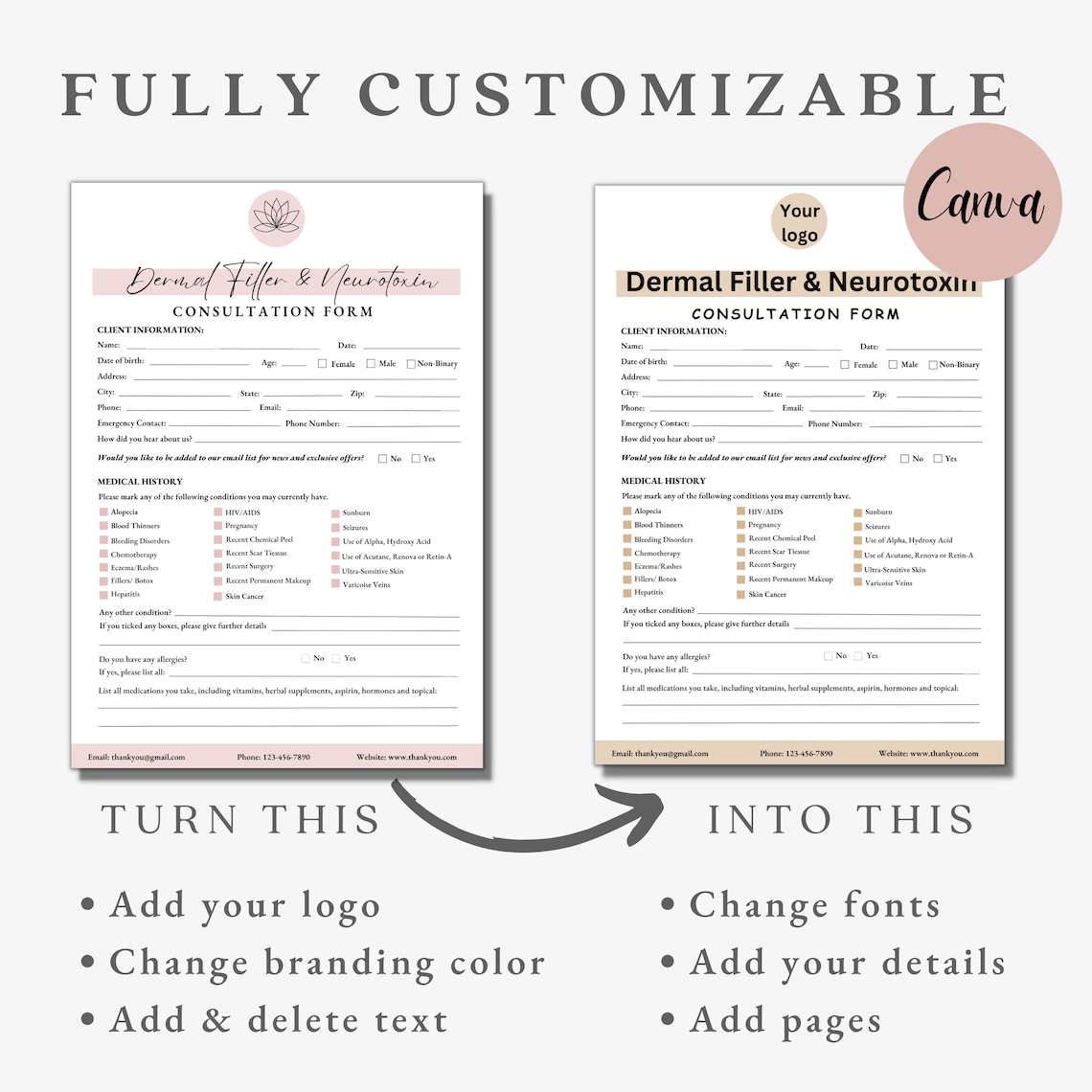 Dermal Filler, Botox, Botulin Toxin, Consultation Forms, Consent Form ...