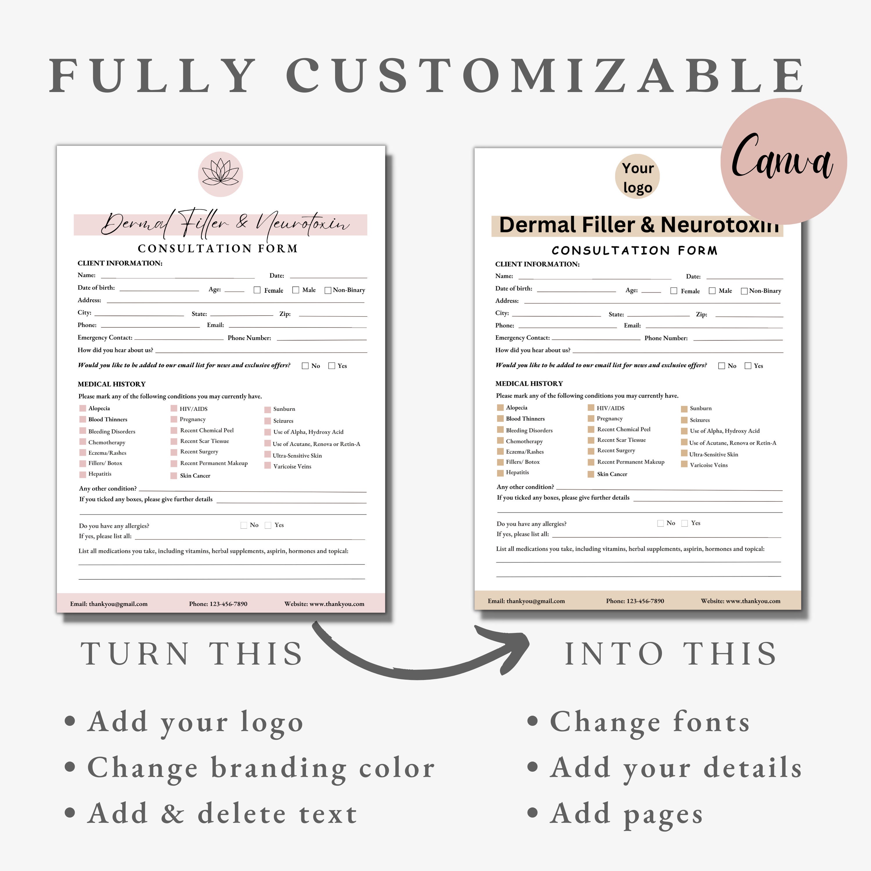 Dermal Filler, Botox, Botulin Toxin, Consultation Forms, Consent Form ...