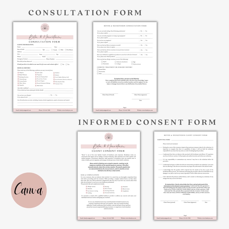 Botox, Botulin Toxin, Consultation Forms, Consent Form, Aftercare Advice, Esthetician Forms ...