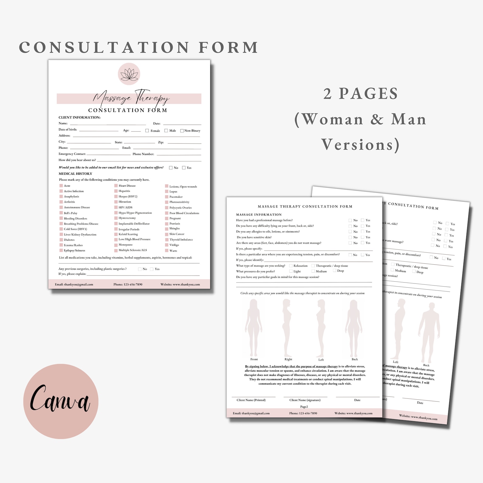 Massage Therapy Form, Massage Intake Form, Massage Aftercare, Massage ...