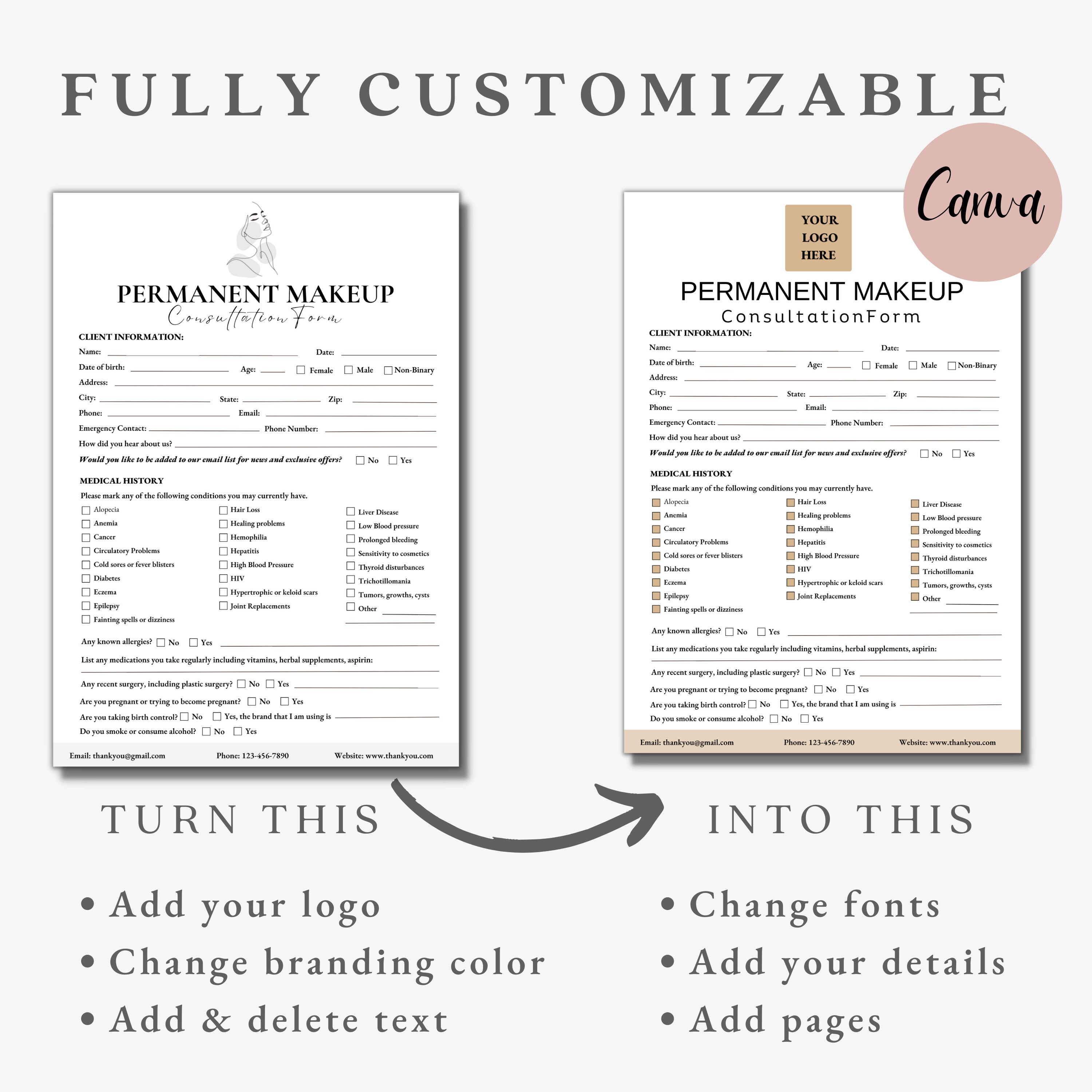 Permanent Makeup Forms, PMU Consent Form, Makeup Consultation, PMU ...