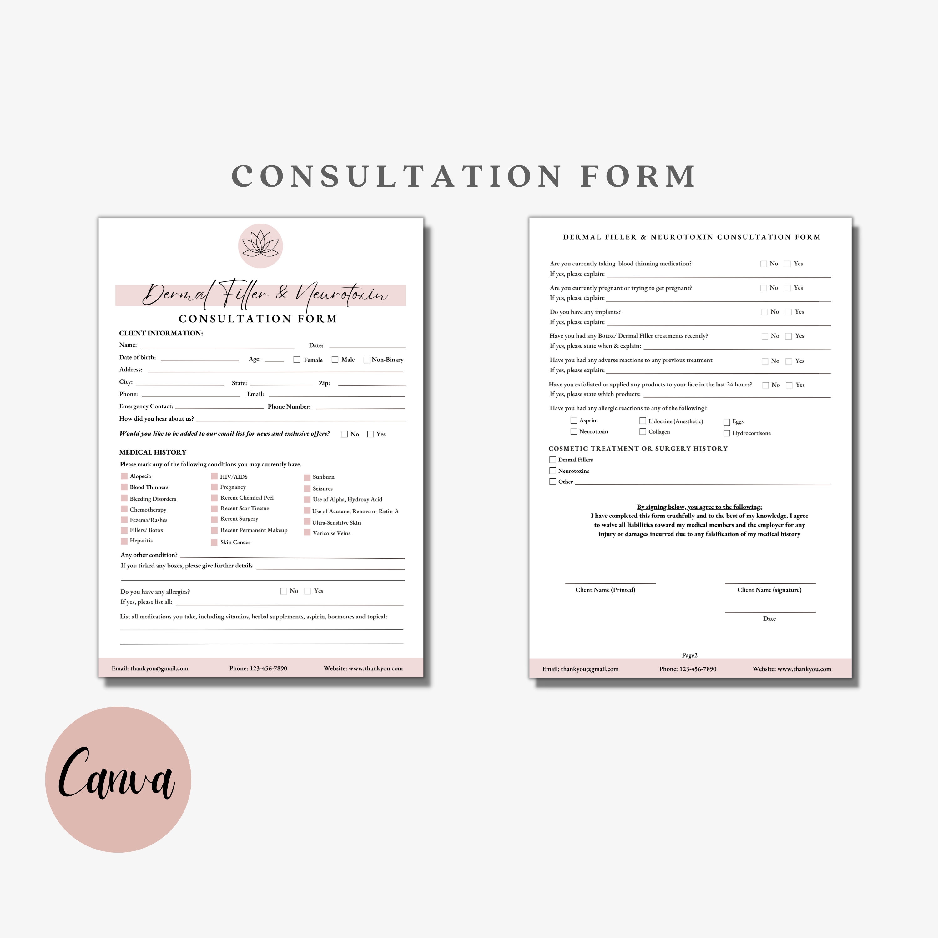 Dermal Filler, Botox, Botulin Toxin, Consultation Forms, Consent Form ...