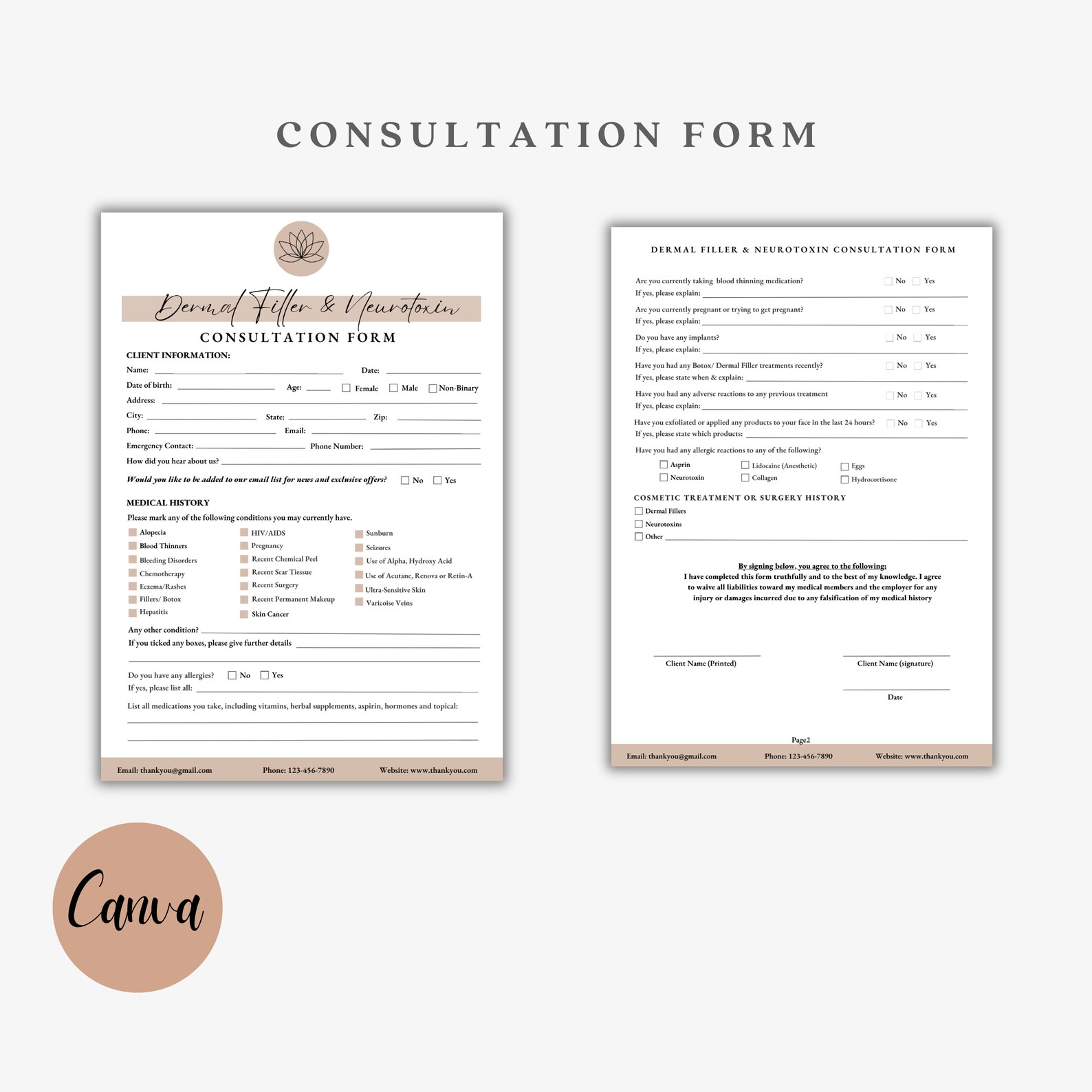 Dermal Filler, Botox, Botulin Toxin, Consultation Forms, Consent Form ...
