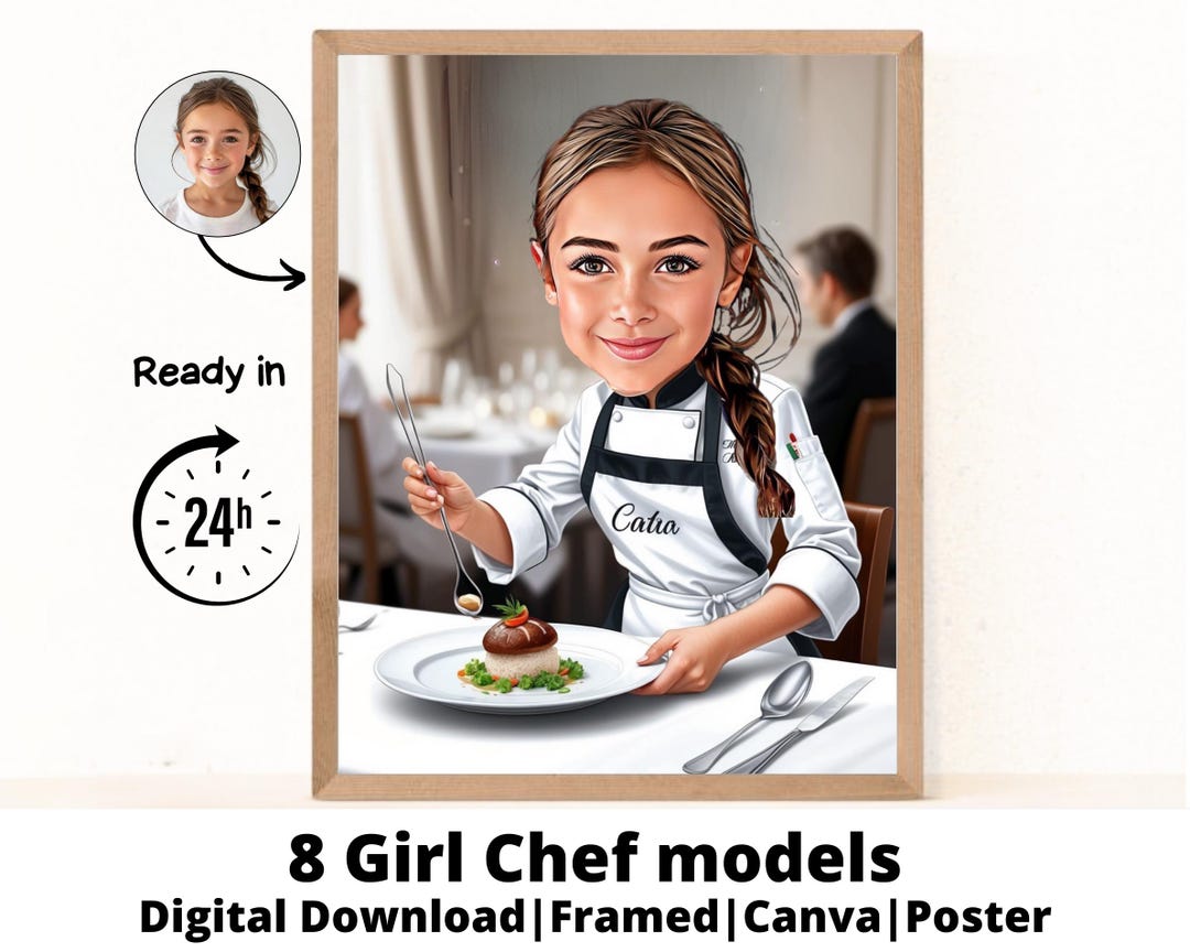 Chef Girl Cartoon Portrait / Chef Daughter Gift / Chef Niece Gift ...