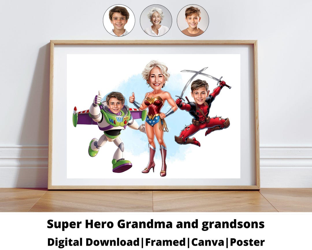 Custom Grandma and Grandsons Superhero Cartoon Portrait / Superhero ...