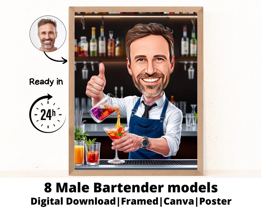 Bartender Male Cartoon Portrait / Bartender Gift / Custom Bartender ...