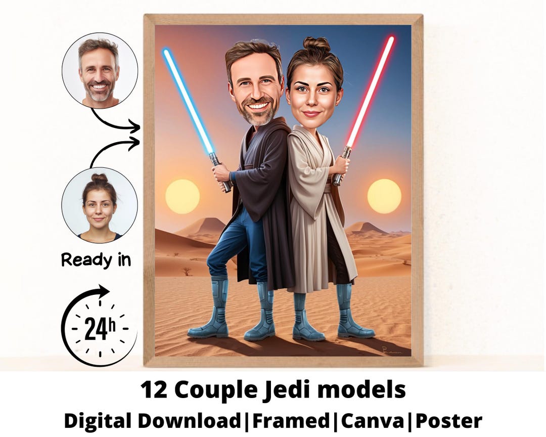 Jedi Couple Cartoon Portrait / Jedi Gift / Custom Jedi Caricature / Jedi Caricature From Photo ...