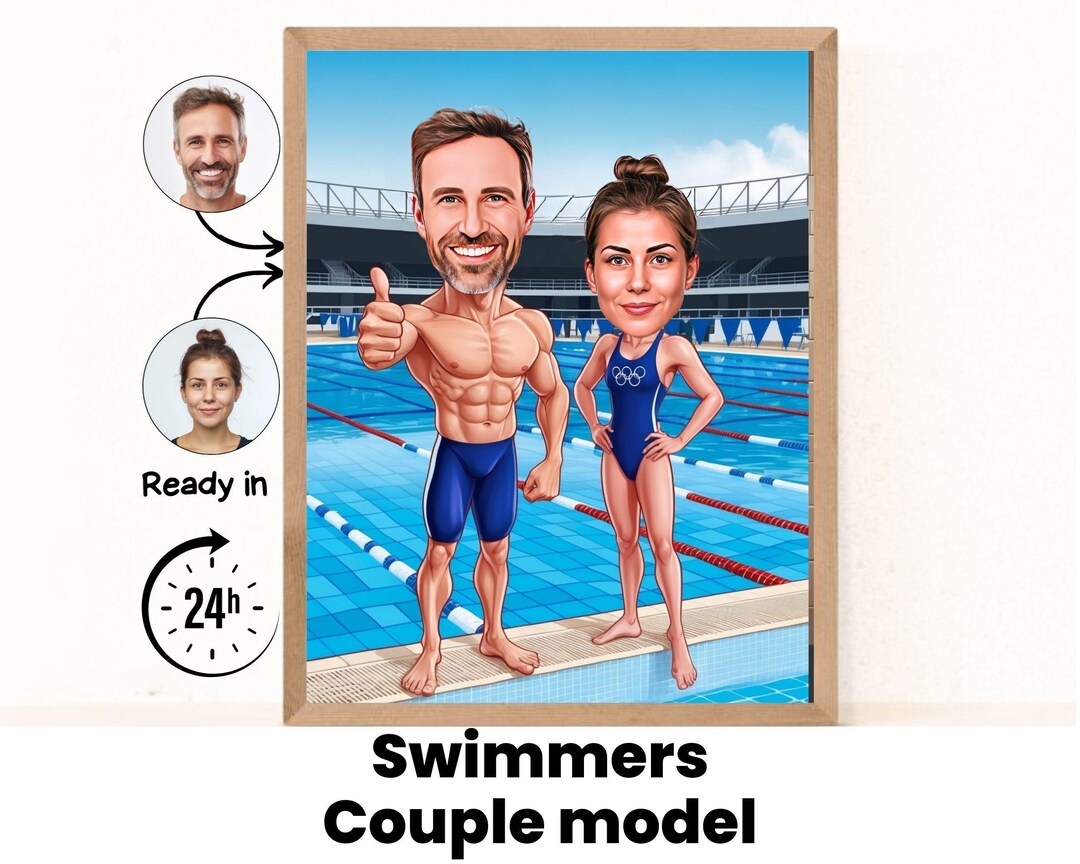 Swimmer Couple Cartoon Portrait / Swimmer Gift / Custom Swimmer ...