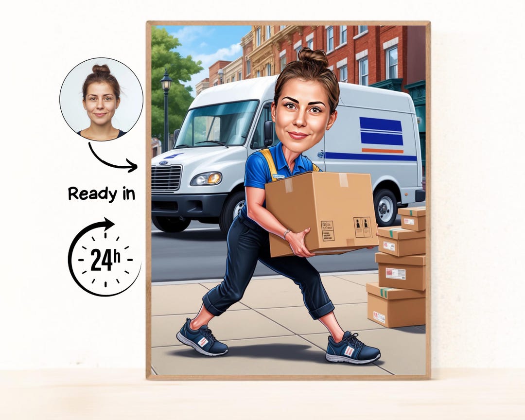 Courier Gift Custom Cartoon Portrait Postman, Delivery Man/ Mailman ...
