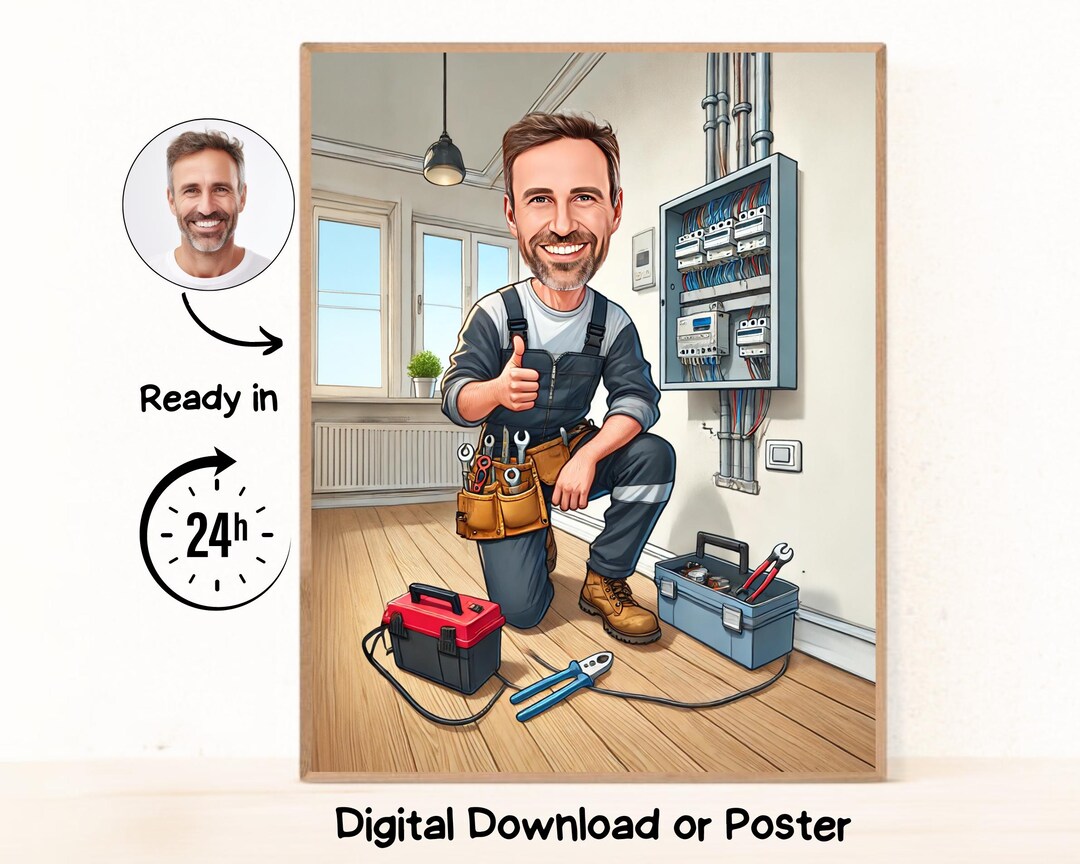 Electrician Gift Custom Portrait as Yellow Cartoon Character ...