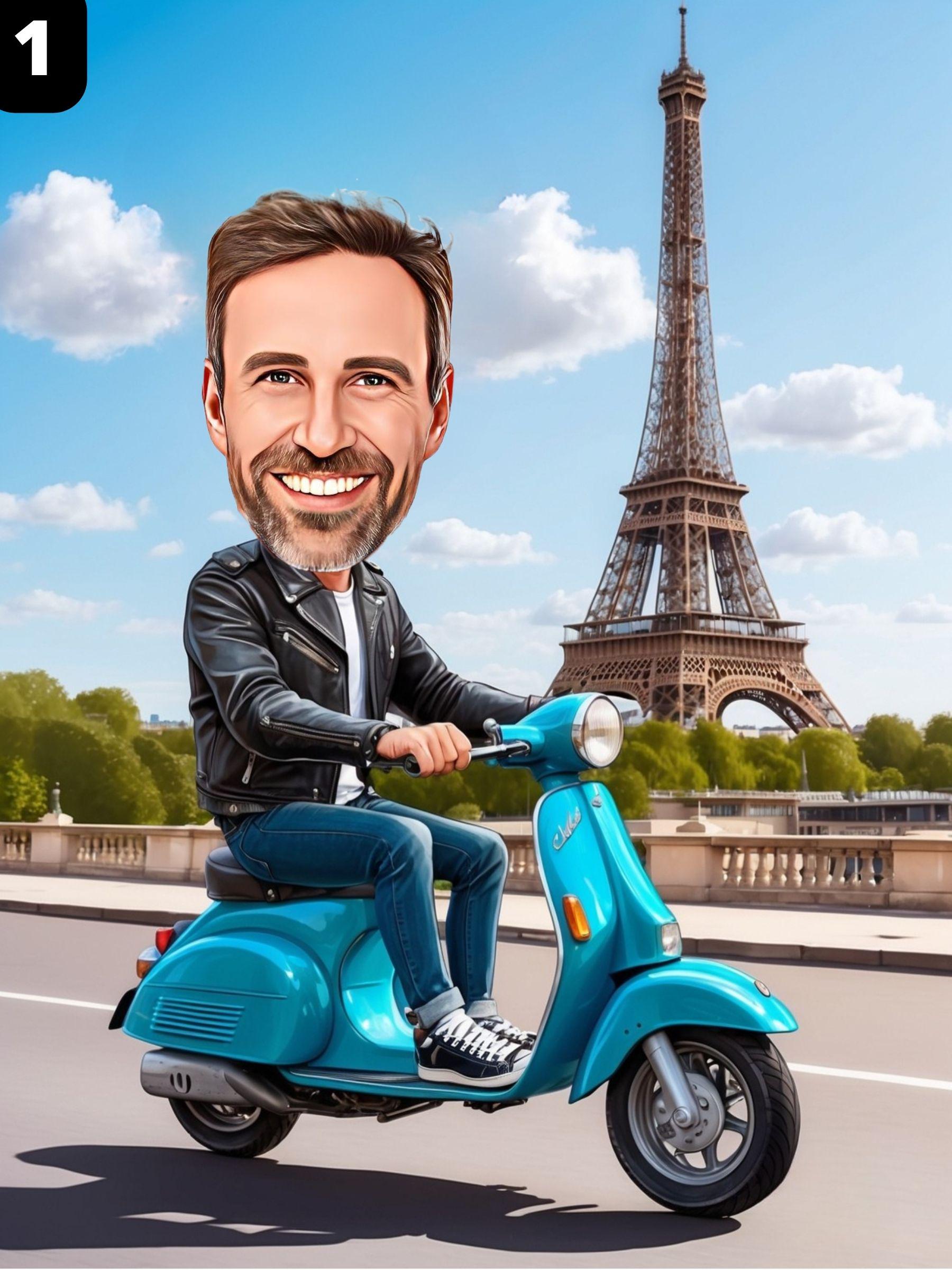 Personalised Scooter Cartoon Portrait, Custom Vespa Caricature Drawing ...