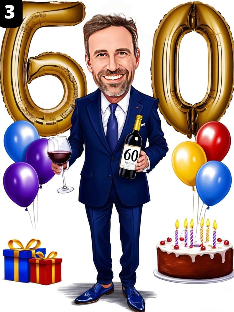 Custom 60th Man Cartoon Portrait, 60th Birthday Caricature, Birthday ...