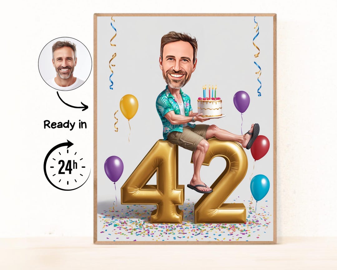 42nd Birthday Cartoon Portrait | 42nd Birthday Gift | Invitation 42nd ...