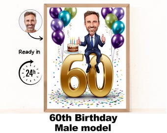 Custom 65th Man Cartoon Portrait, 65th Birthday Caricature, Birthday ...