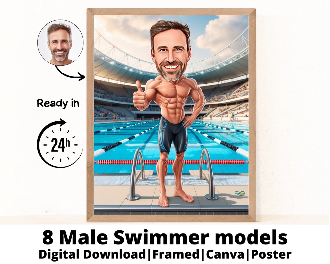 Swimmer Male Cartoon Portrait / Swimmer Gift / Custom Swimmer ...
